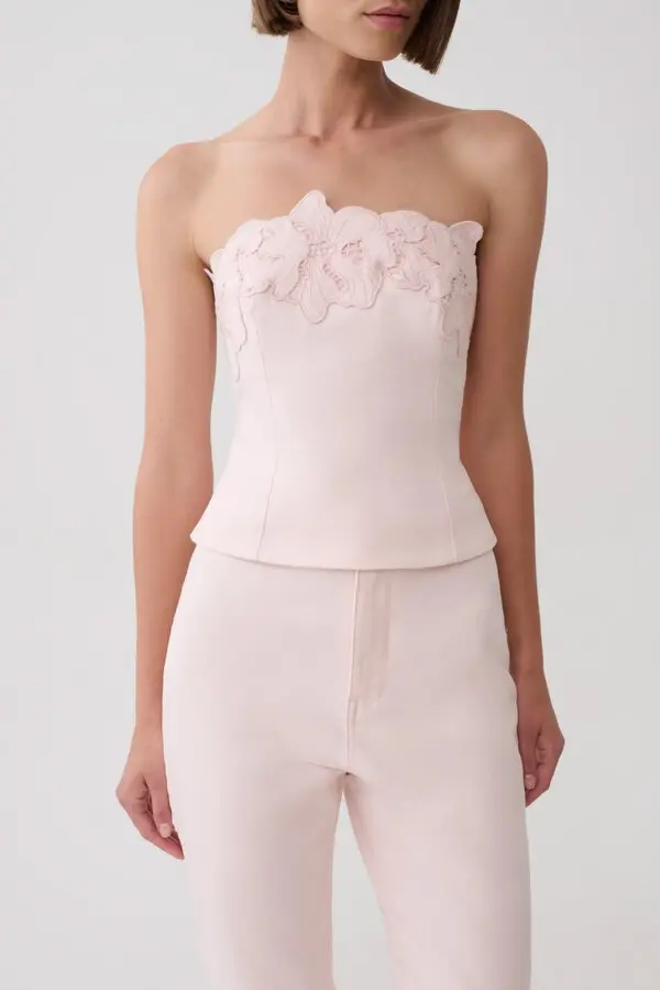 Meshki Tillie Flower Embroidery Strapless Denim Top