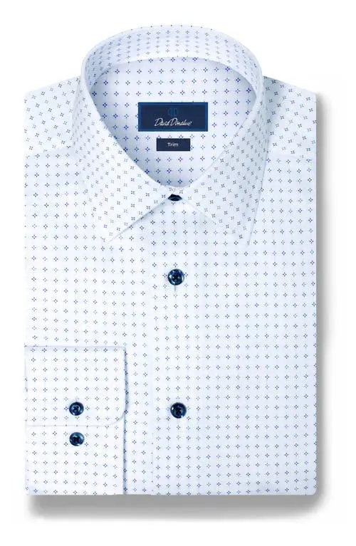 David Donahue Trim Fit Neat Print Cotton Dress Shirt - White/blue