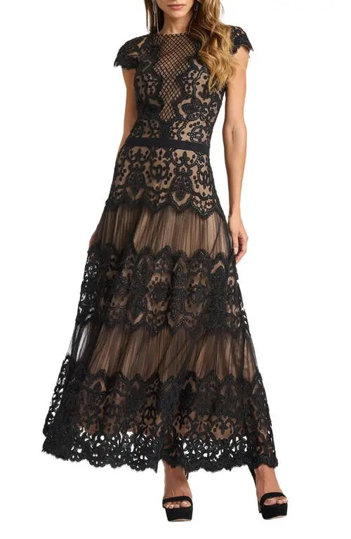 Tadashi Shoji Elzy Sequin Embroidered Tea-length Dress - Black/nude