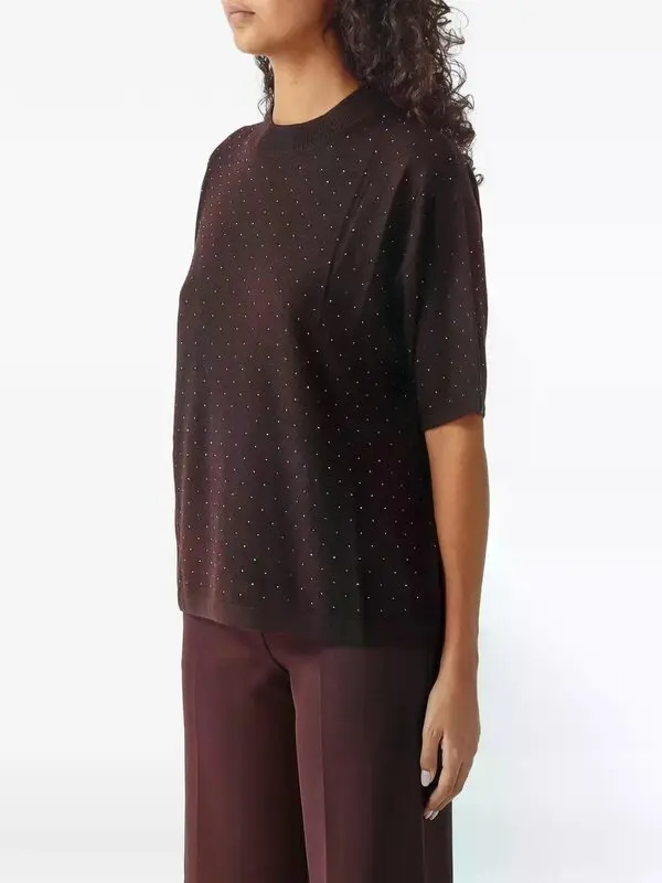 NENETTE Mahogany Rhinestone-embellished Short-sleeve Sweater