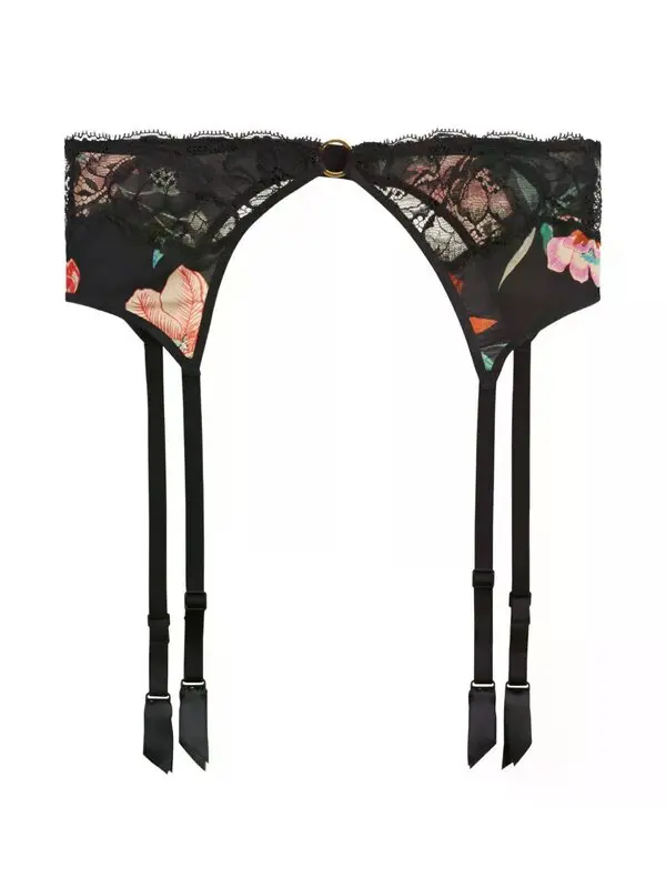 AUBADE Sweet Folk Floral-print Lace-trim Suspender Belt - Black