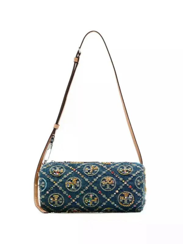 Tory Burch T Monogram Denim Embellished Cylinder Bag - Blue