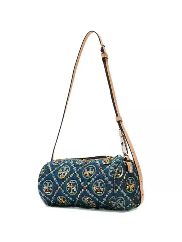Tory Burch T Monogram Denim Embellished Cylinder Bag