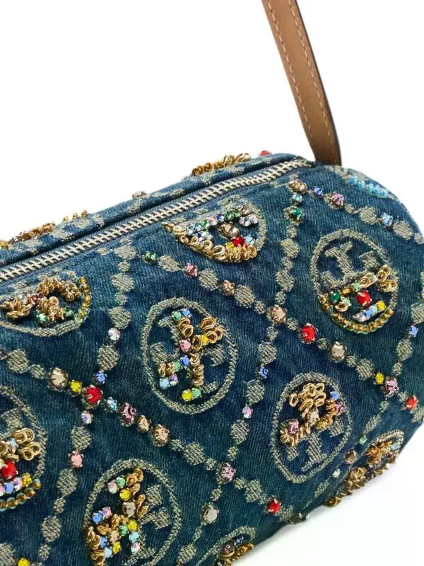 Tory Burch T Monogram Denim Embellished Cylinder Bag
