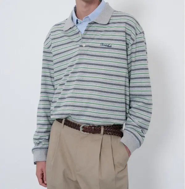 DUNST Multi-colored Striped Collared Polo Shirt - Grey