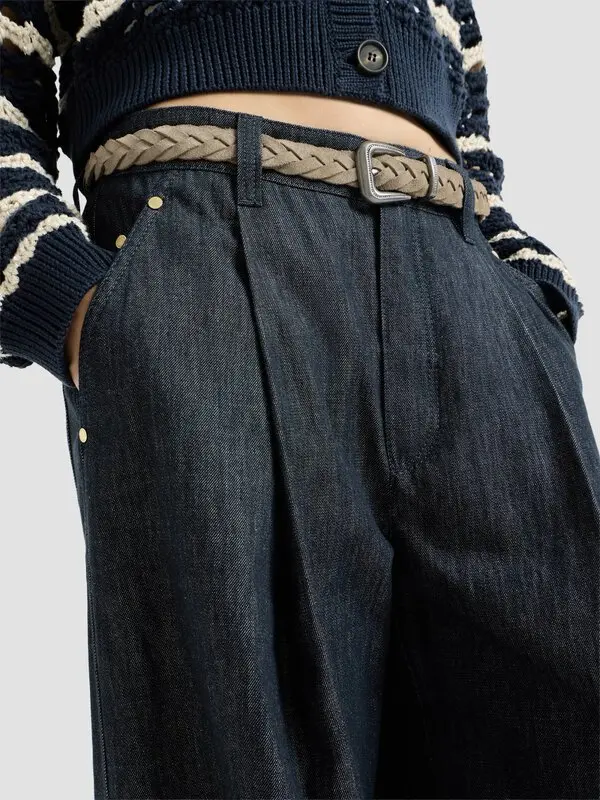 Brunello Cucinelli Cotton -effect Twill Pleated Barrel Trousers With Monili