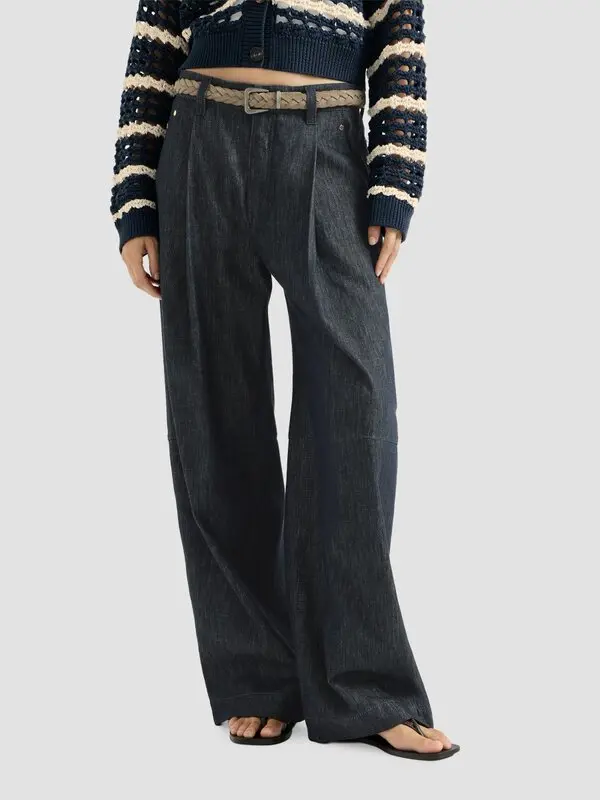 Brunello Cucinelli Cotton -effect Twill Pleated Barrel Trousers With Monili
