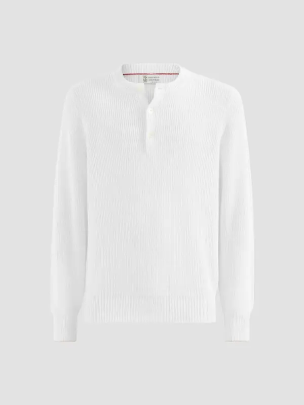 Brunello Cucinelli Cotton And Linen English Rib Sweater With Henley Collar - White