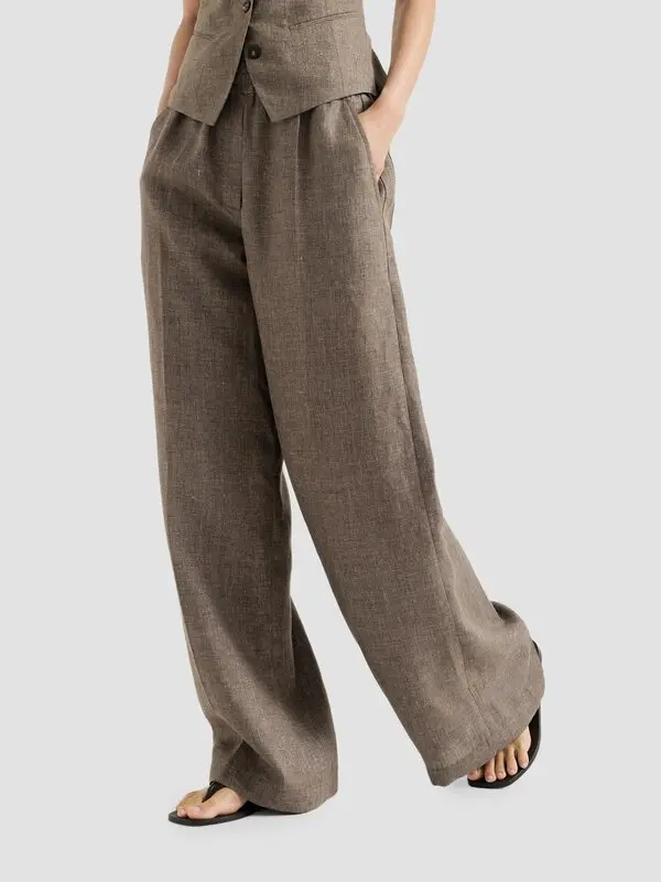 Brunello Cucinelli Sparkling Linen Loose Track Trousers - Brown