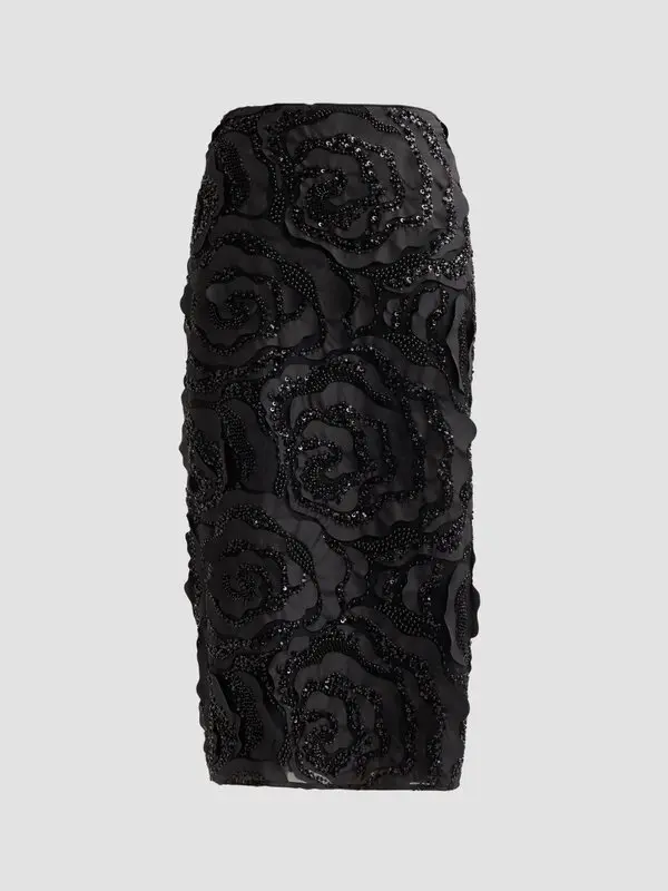 MILLY Rosemary Beaded Rosette Midi Skirt - Black