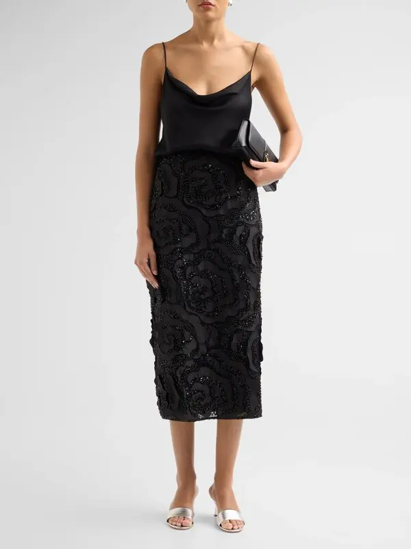 MILLY Rosemary Beaded Rosette Midi Skirt
