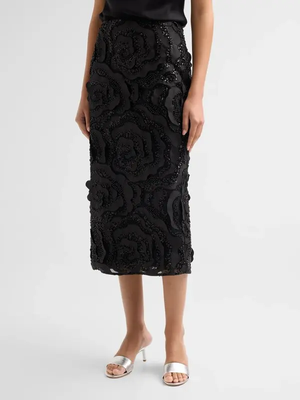 MILLY Rosemary Beaded Rosette Midi Skirt