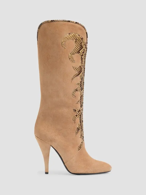 Valentino Garavani Boutade Suede 105mm Boots With Python Details - Camel