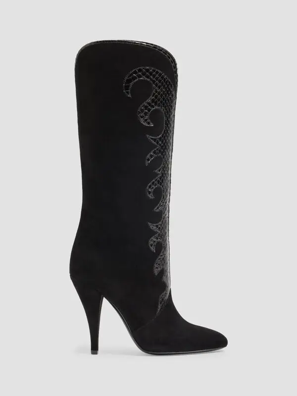 Valentino Garavani Boutade Suede 105mm Boots With Elaphe Details - Black
