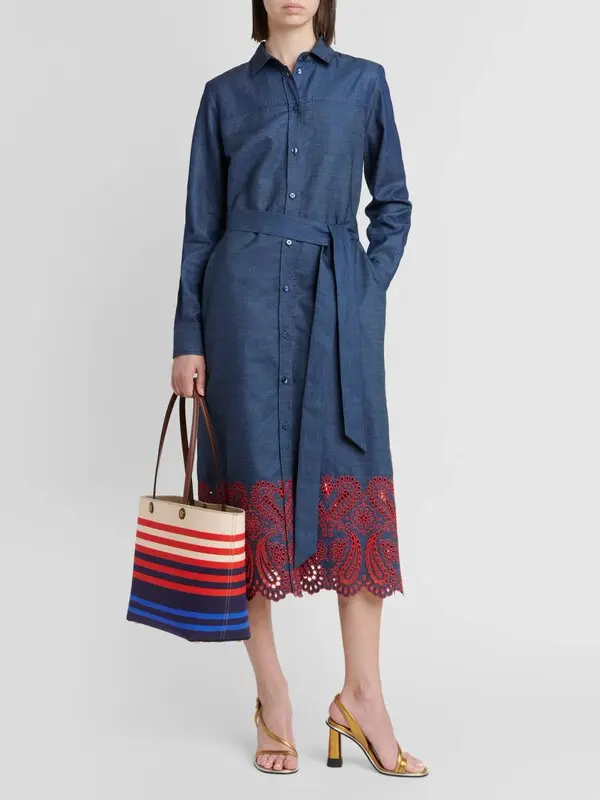 Etro Sangallo Embroidered Cotton-blend Self-belt Midi Shirtdress
