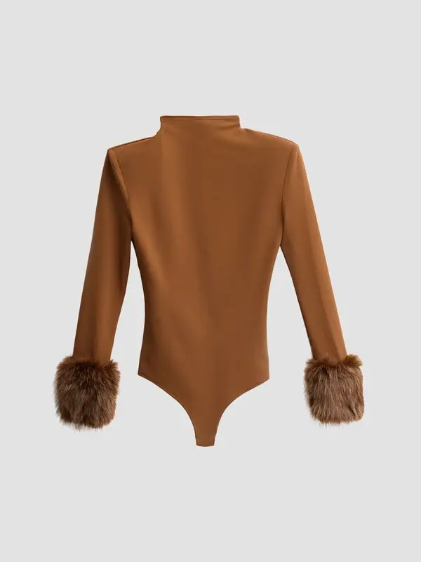 BRONX BANCO Faux Fur-cuff Long-sleeve Bodysuit - Brown