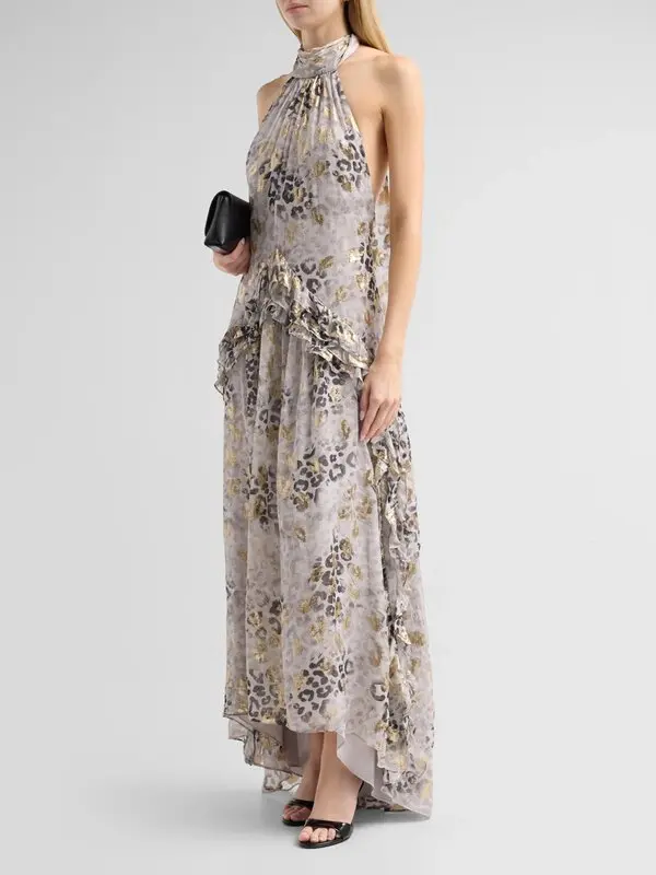 Ramy Brook Jennie Metallic Leopard Halter Gown