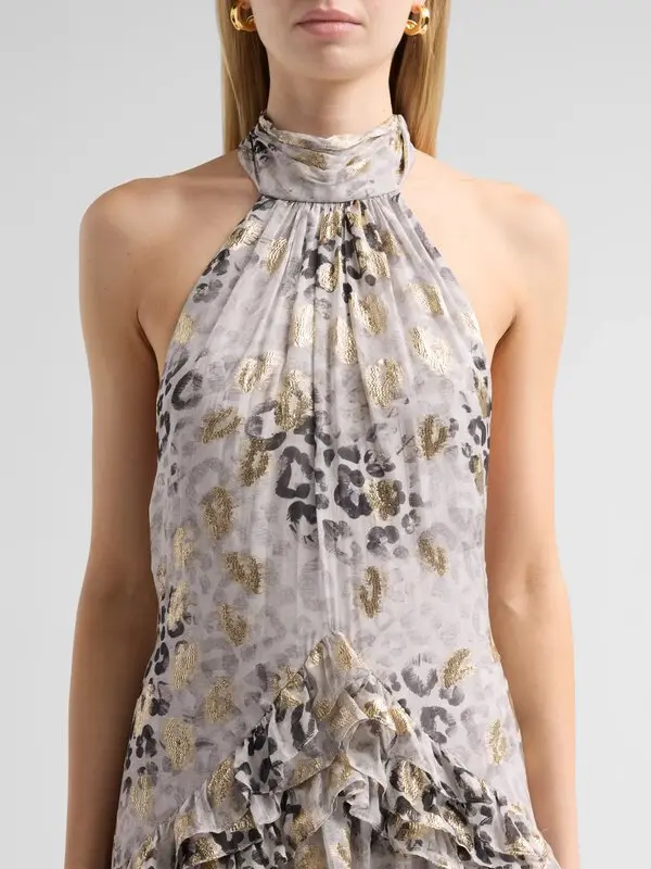 Ramy Brook Jennie Metallic Leopard Halter Gown