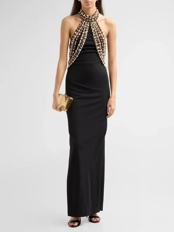 PatBO Tina Beaded Halterneck Gown