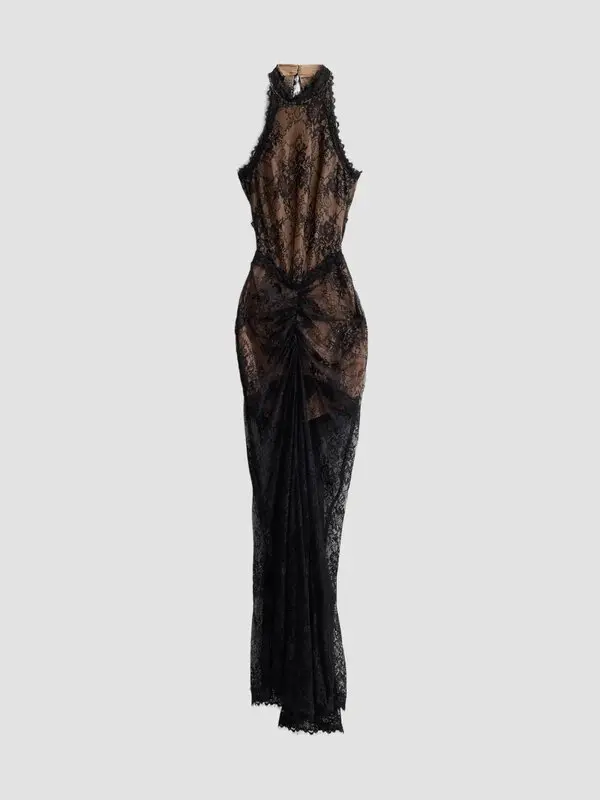 PatBO Sheer Lace Draped Halter Gown - Black