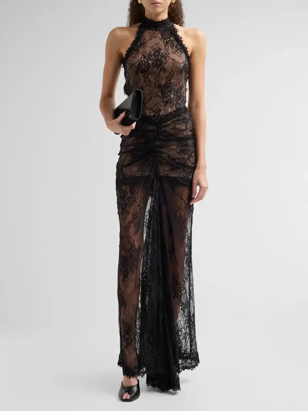 PatBO Sheer Lace Draped Halter Gown