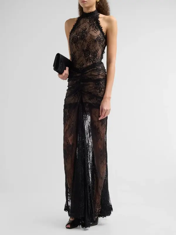 PatBO Sheer Lace Draped Halter Gown