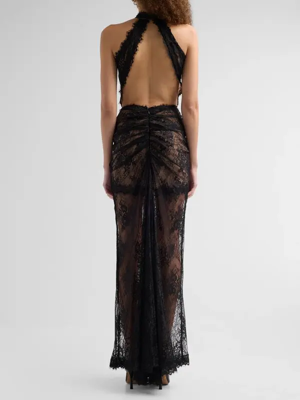 PatBO Sheer Lace Draped Halter Gown