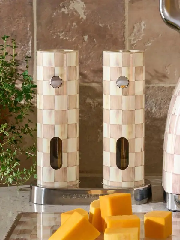 MACKENZIE-CHILDS Mocha Check Electric Salt & Pepper Grinders