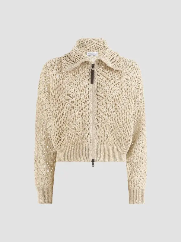 Brunello Cucinelli Dazzling Abstract Leaf Cardigan In Linen With Zipper - Beige