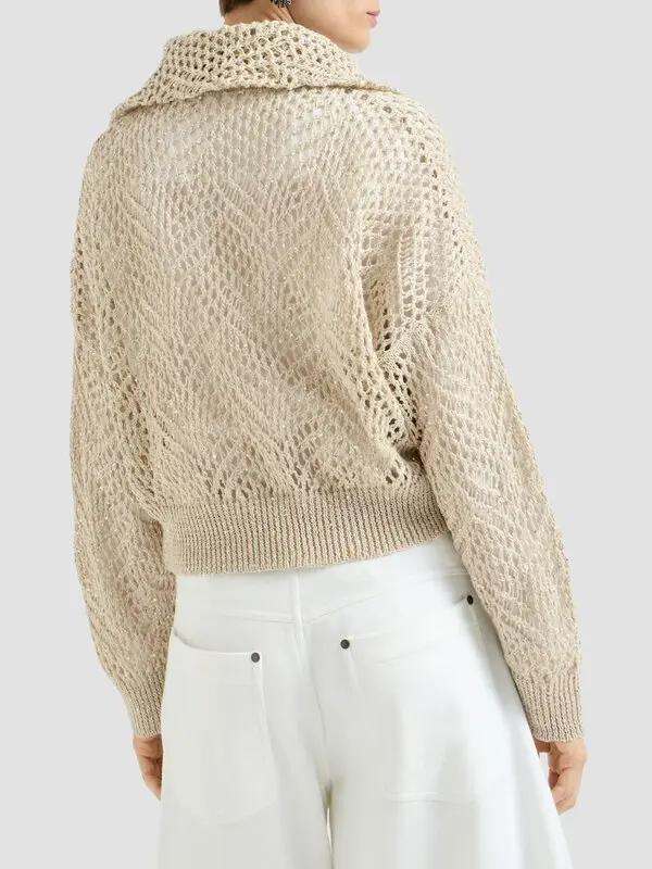 Brunello Cucinelli Dazzling Abstract Leaf Cardigan In Linen With Zipper - Beige