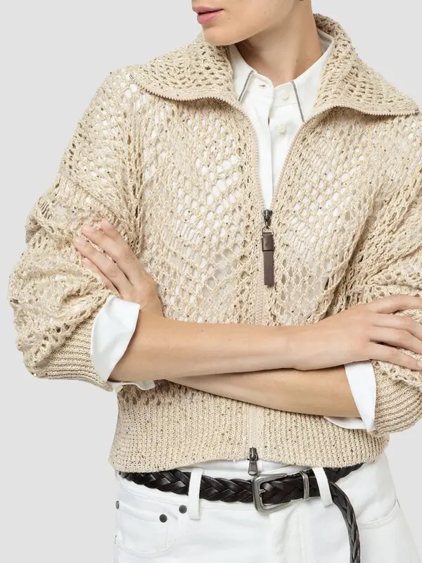 Brunello Cucinelli Dazzling Abstract Leaf Cardigan In Linen With Zipper - Beige