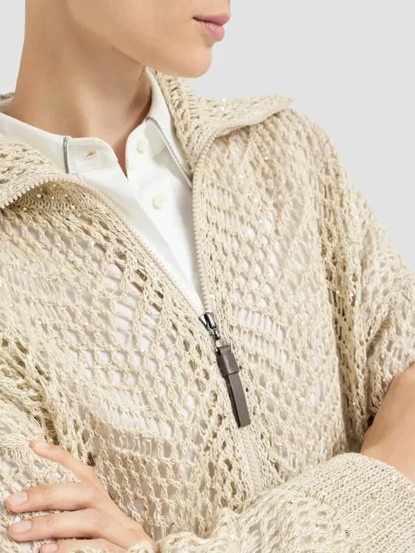 Brunello Cucinelli Dazzling Abstract Leaf Cardigan In Linen With Zipper - Beige
