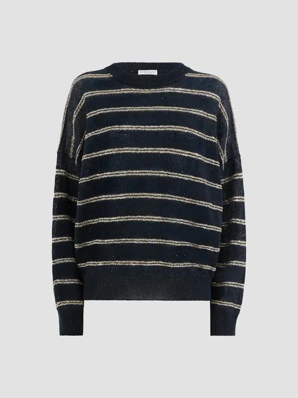 Brunello Cucinelli Linen And Cotton Sweater With Dazzling Double Stripes