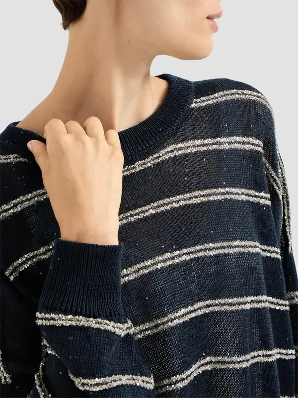 Brunello Cucinelli Linen And Cotton Sweater With Dazzling Double Stripes