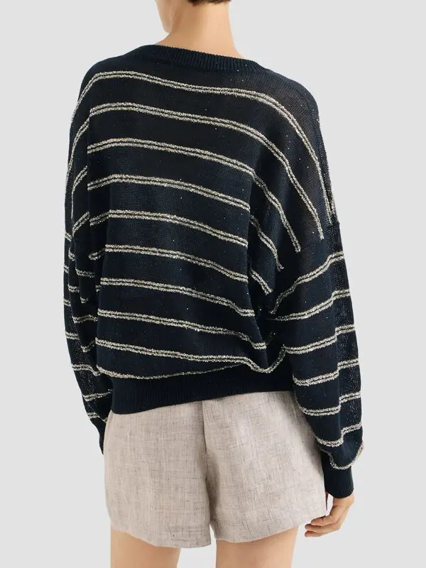 Brunello Cucinelli Linen And Cotton Sweater With Dazzling Double Stripes