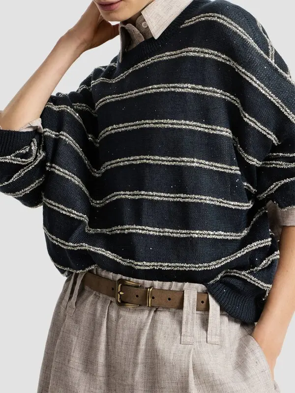 Brunello Cucinelli Linen And Cotton Sweater With Dazzling Double Stripes