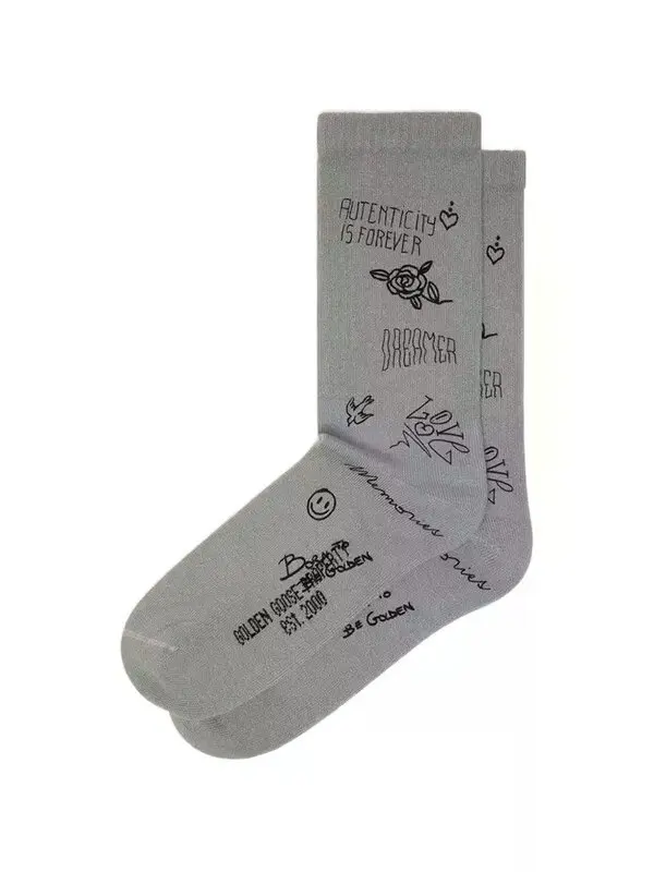 GOLDEN GOOSE Ribbed Socks With White Scribble Print - Grey