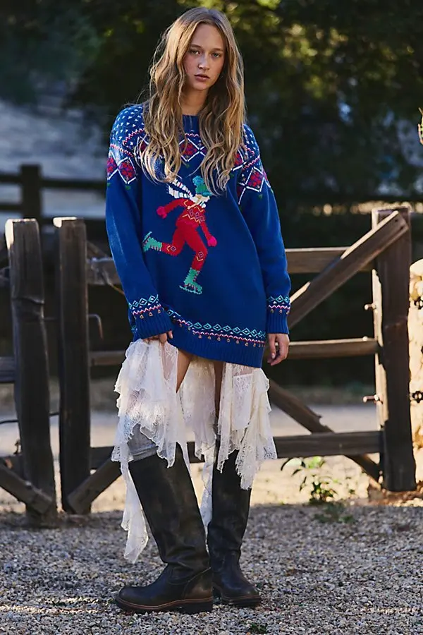 Free People One Last Run Sweater Mini Dress - Navy Combo