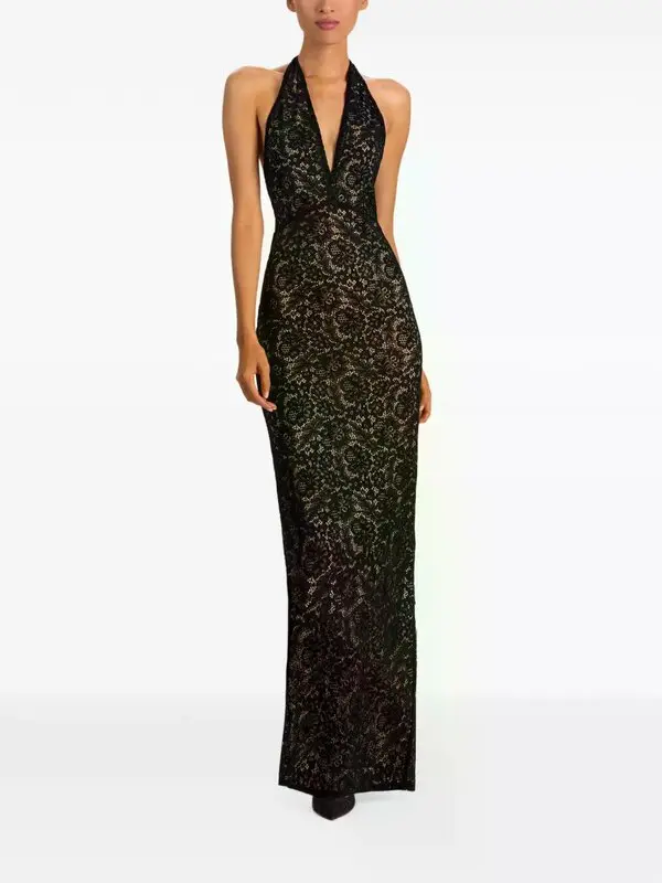 Alice + Olivia Estelle Foil-lace Halterneck Maxi Dress - Black