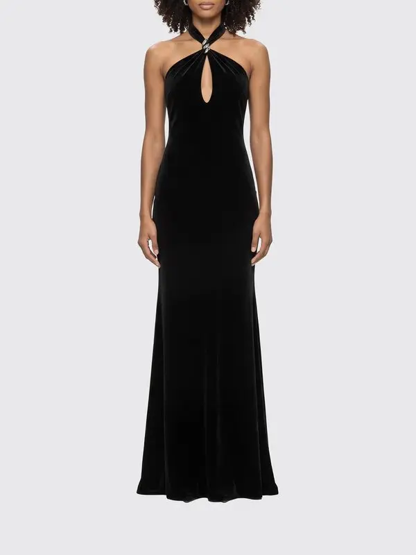 NISSA Slim Fit Halter Neck Long Velvet Evening Gown - Black