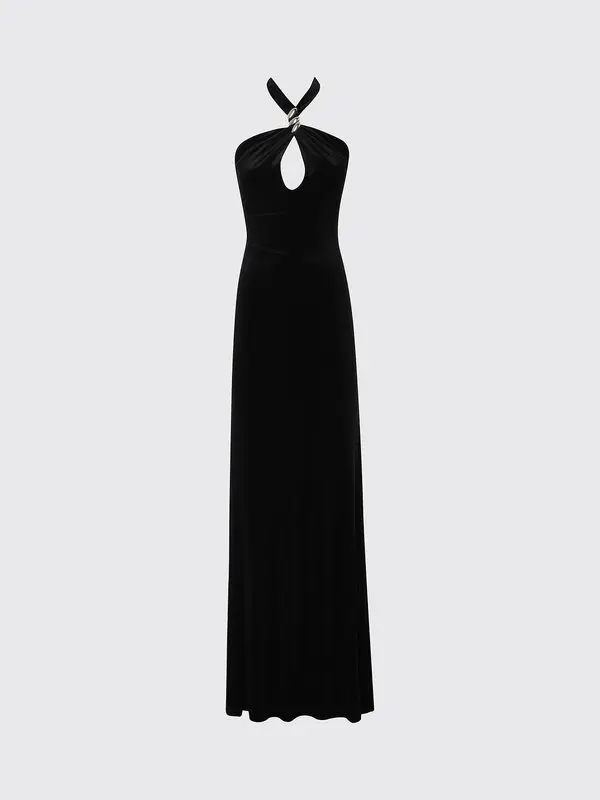 NISSA Slim Fit Halter Neck Long Velvet Evening Gown - Black
