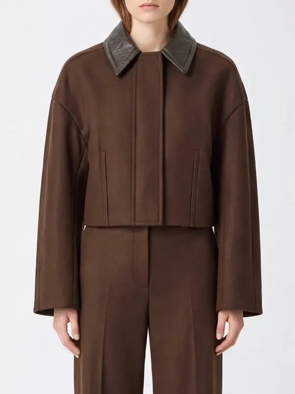 Sportmax Cropped Pure Virgin Wool Coat With Leather Collar - Cocoa