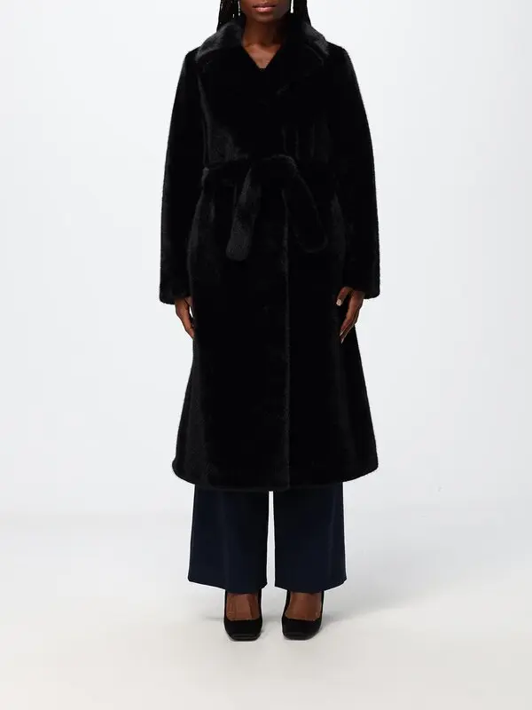 DUNO Vilma Pejo Robe Coat In Faux Fur With Belt - Black