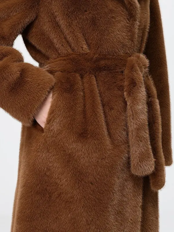 DUNO Vilma Pejo Robe Coat In Faux Fur With Belt - Coffee