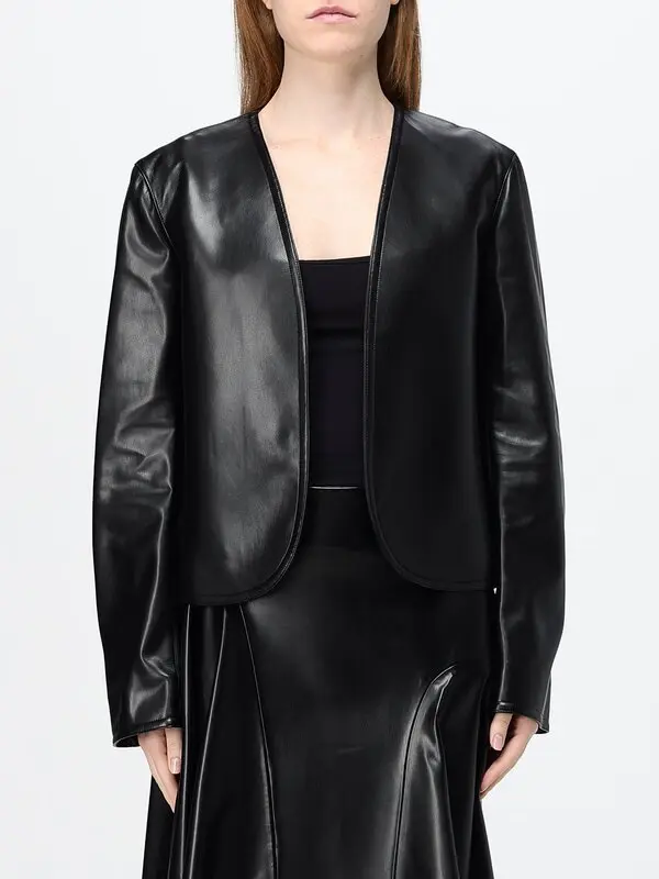 MEIMEIJ Cropped Faux Leather Blazer With An Open-front Design