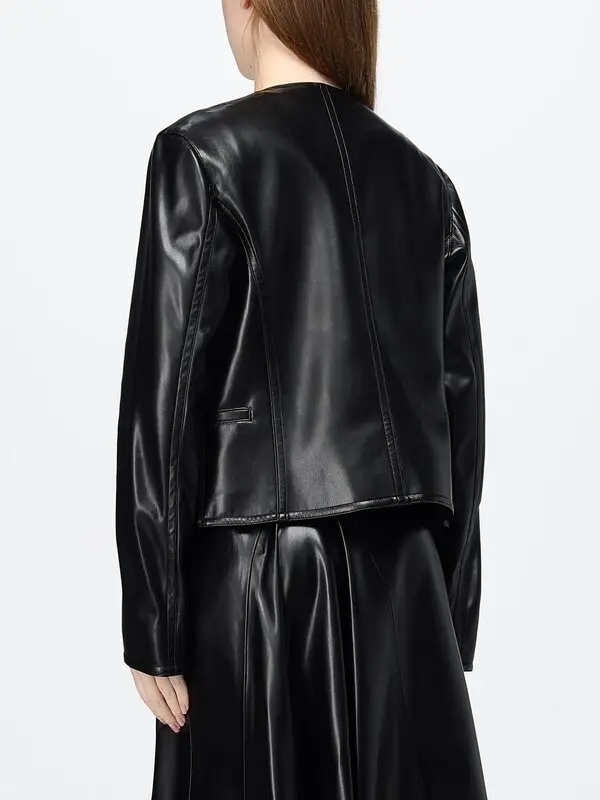 MEIMEIJ Cropped Faux Leather Blazer With An Open-front Design