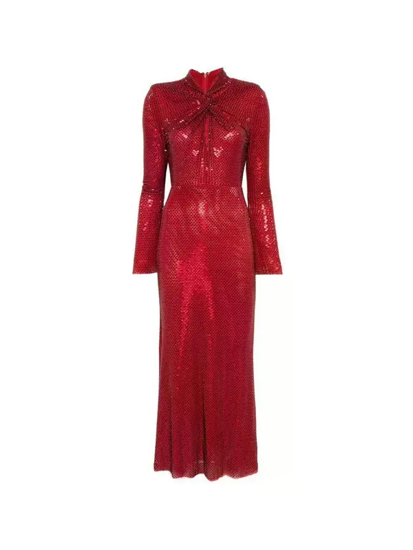 SELF-PORTRAIT Rhinestone Mesh Twist Midi Dress - Red