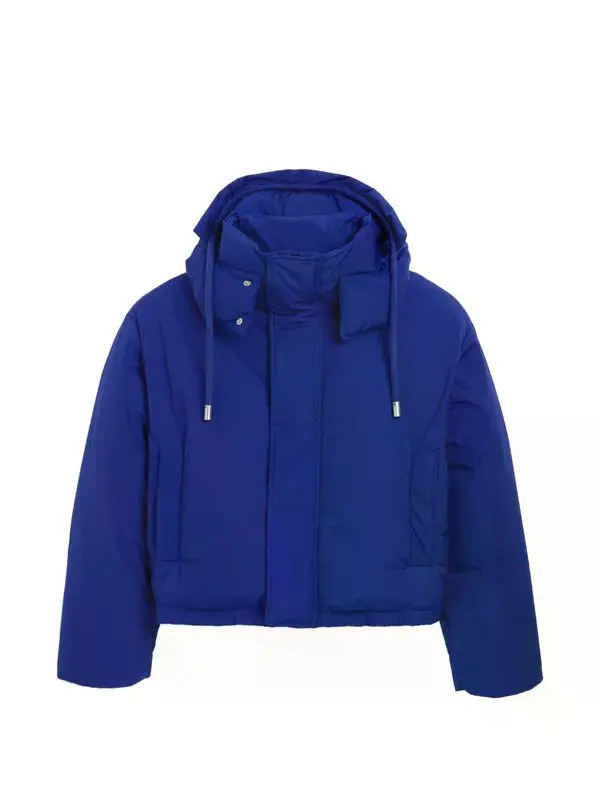 AMI Paris Hooded Nylon And Cotton Down Jacket With De Coeur - Blue