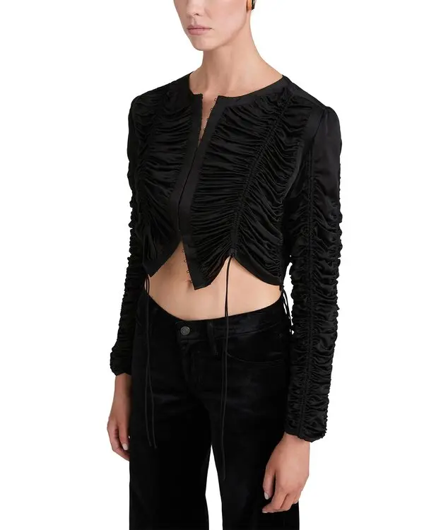 FRAME Serre Ruched Cropped Silk Blouse