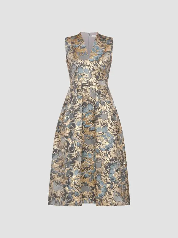 KAY UNGER Celina Floral Metallic-jacquard V-neck Midi-dress - Blue Arctic Multi